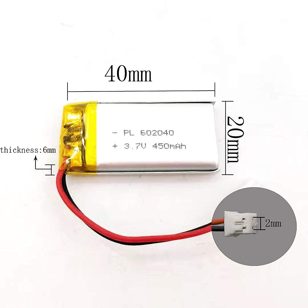 MSDS Verified Part Number: 602040, Rechargeable 3.7V 450mAh Li Lipo Lithium Polymer Ion Battery Pack with 2 Pin 2.0mm JST Connector