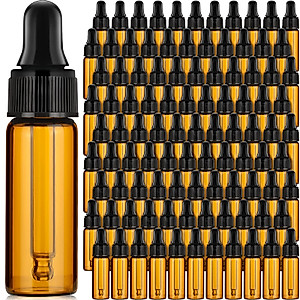 Bokon 100 Pcs Glass Dropping Bottles Mini Essential Oil Dropper Bottles Empty Sample Vials with Black Cap Tiny Storage Jars with Dropper for Perfumes Cosmetic Liquid Aromatherapy Lab (Amber,5 ml)