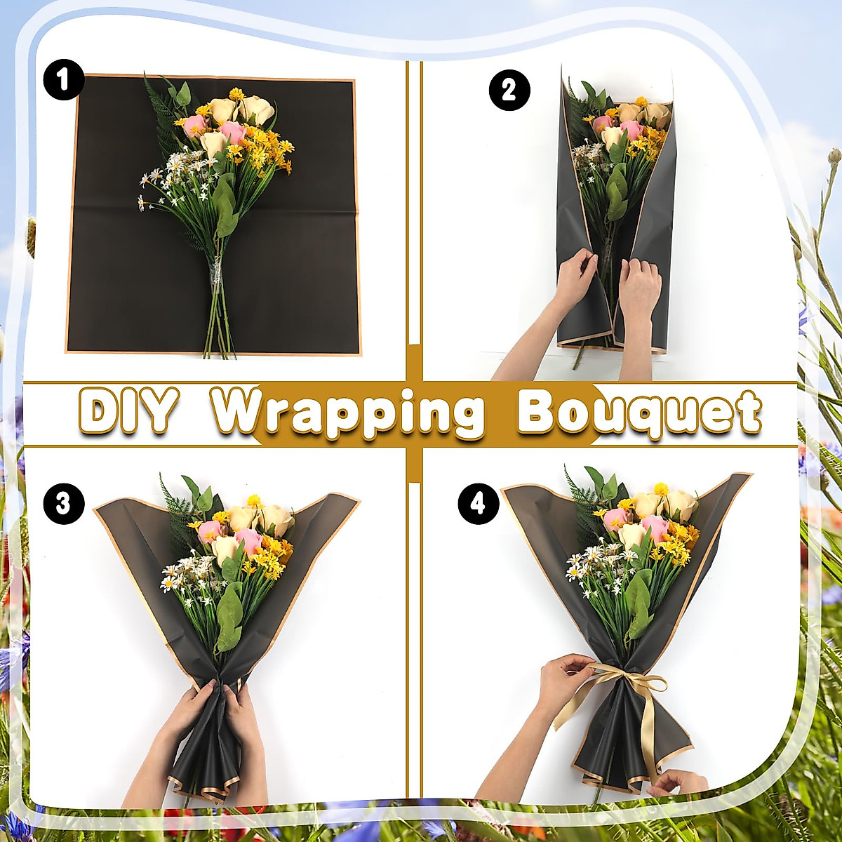 20 Sheets Flower Wrapping Paper, Waterproof Floral Bouquet Wrapping Paper Gold Edge Korean Florist Bouquet Supplies for DIY Crafts Packaging Bouquet Wedding Birthday Gift, 22.8x22.8 inch (Black)