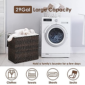 GOFLAME Laundry Hamper with Lid & Handles, 110L Divided Dirty Clothes Hamper with 3 Sections, Handwoven Rattan Laundry Basket with Removable & Machine Washable Liner Bag, Foldable & Easy Assembly