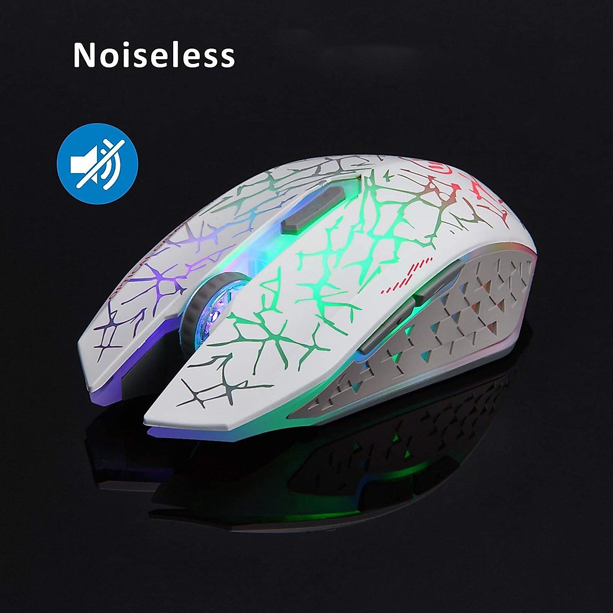 TENMOS K6 Wireless Gaming Mouse, Rechargeable Silent LED Optical Computer Mice with USB Receiver, 3 Adjustable DPI Level and 6 Buttons, Auto Sleeping Compatible Laptop/PC/Notebook (White)