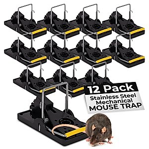 TwinTech Stainless Steel Mechanical Mouse Traps - 4"x2"x2.5" Reusable Snap Traps for Mice - Safe Traps with Finger Protection for Indoor Outdoor Use - 12-Pack