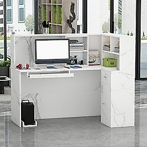 AGOTENI Reception Desk Reception Stations with Open Shelf & Drawers, L Shape Reception Table Wooden Computer Desk for Office Reception Room, Marble White