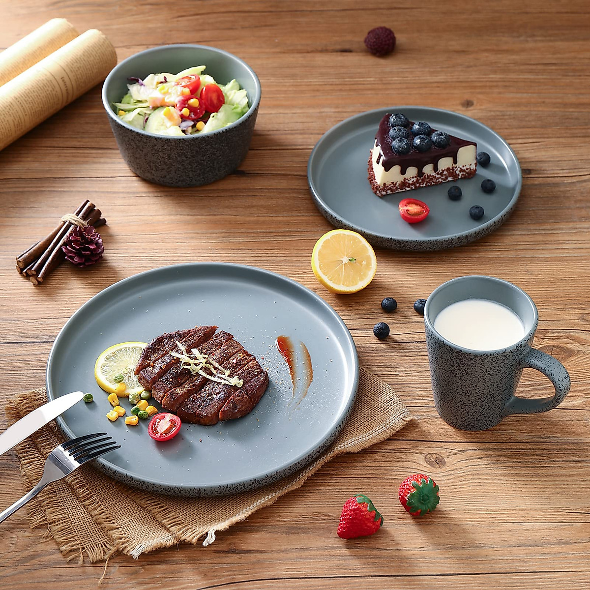 Bestone 16 Piece Round Kitchen Dinnerware Set,Plates and Bowls sets,Dishes, Plates, Bowls, Mugs, Dish Set，Plates and Bowls,Service for 4, Stoneware (round, grey matte)