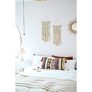 Mkono 4 Pack - 2pcs Hanging Wall Shelf Floating Wood Storage Shelves Leather Strap Swing Organizer, and 2pcs Macrame Woven Wall Hanging Boho Home Chic Bohemian Geometric Art Decor