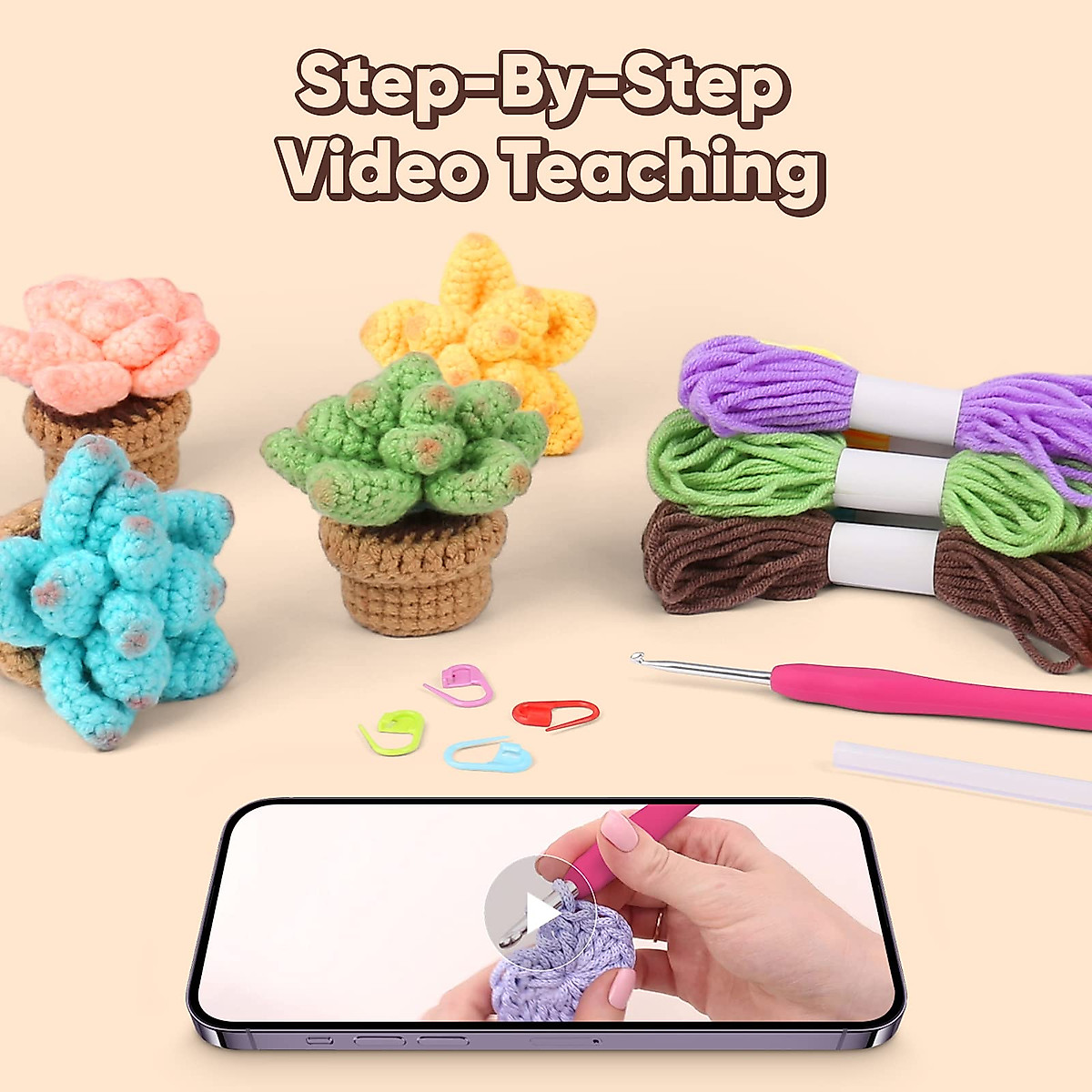 BlumWay Crochet Kit for Beginners, 5 Pcs Succulents Crochet Starter Kit, Beginner Crochet Kit for Adults, Crocheting Beginners Knitting Kit with Step-by-Step Teaching Video