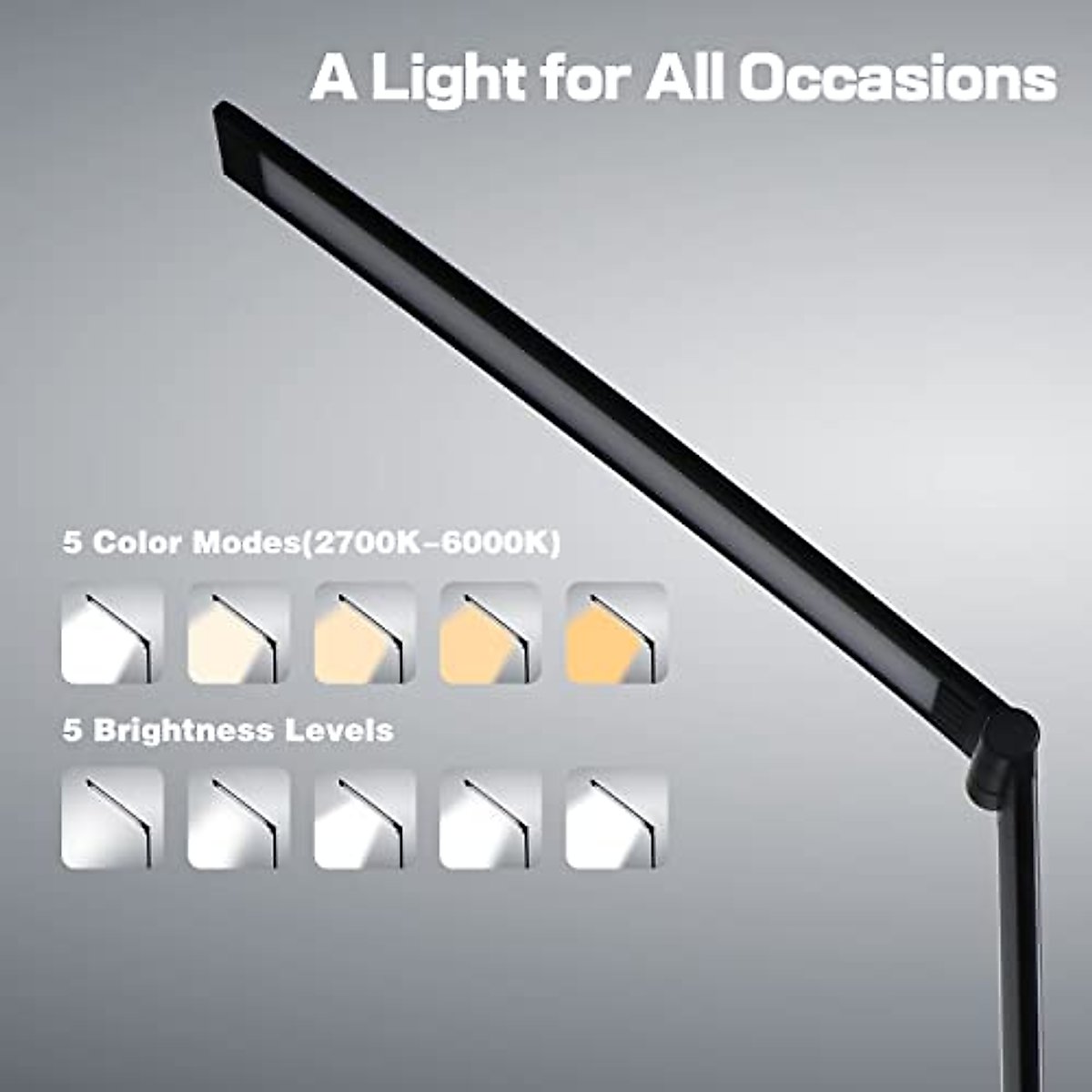 Kitys Fatch LED Touch Sensing Desk Lamp with USB Charging Port, 5 Lighting Modes, 5 Levels of Brightness, 30/60 Minutes Auto Timer, Foldable Desk Lamp for Bedroom, Study Room, (Black)