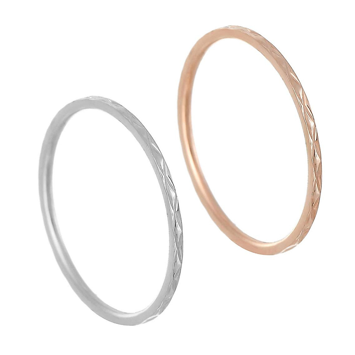 IFUAQZ Women's Stainless Steel 1MM Thin Midi Stacking Rings Shiny Silver Rose Gold Engagement Wedding Bands 2pcs Size 6