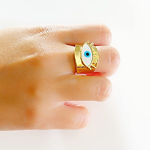 LESLIE BOULES 18K Gold Plated Evil Eye Ring Adjustable Size Jewelry for Women