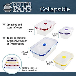 Potted Pans Collapsible Containers with Lids - 4pc Clear Food Silicone Storage Containers with Colorful Venting Lids