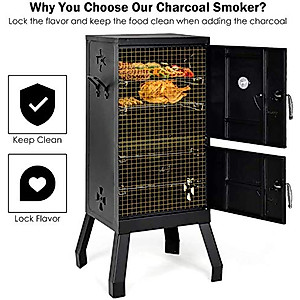 Moccha Smoked Carbon Oven, Vertical Charcoal Smoker, Outdoors Charcoal Barbeque, Iron Structure, Two Layers Design, with Two Chrome-Plated Nets, Two Charcoal Pots, Suitable for Lawn Picnic, Black