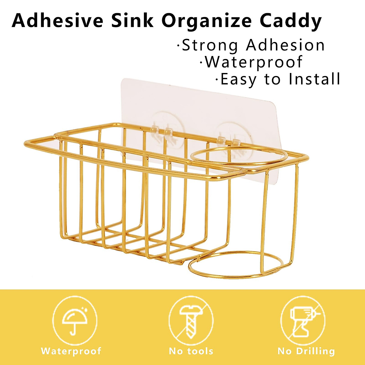 blueden 3-in-1 Adhesive Sink Caddy Kitchen Sink Organizer,Stainless Steel Sponge and Brush Holder for Kitchen Sink,Suitable for Sponges,Dish Cloth,Scrubbers, Soap, Kitchen, Bathroom.Gold