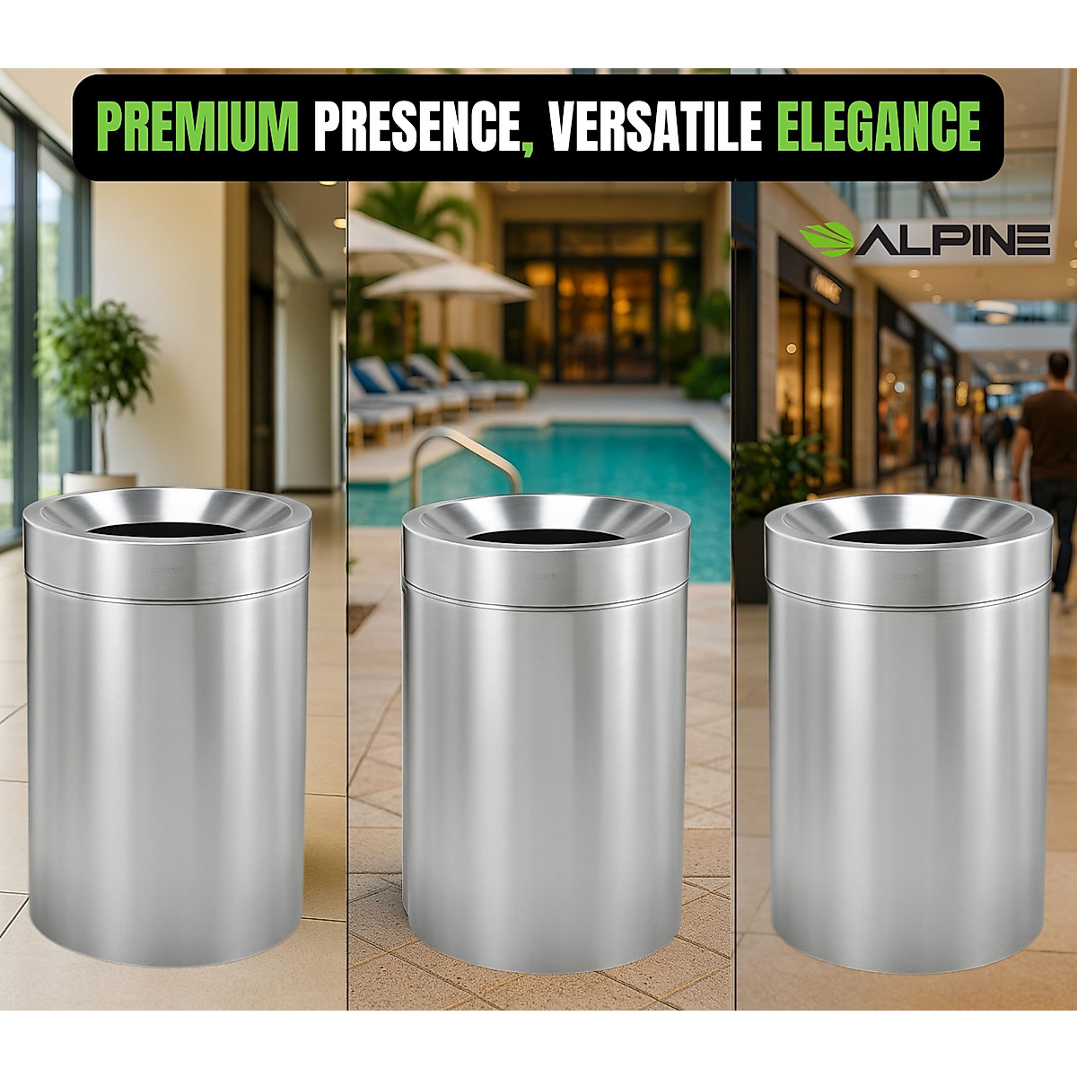 Alpine 50 Gallon Indoor Trash Can - Corrosion Proof Stainless Steel Garbage Bin - Heavy Duty Waste Disposal Trashcan for Litter Free Home, Schools, Hospitals and Businesses (50 Gallon)