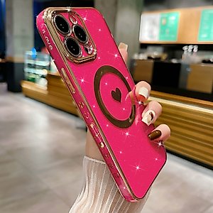 MGQILING Compatible with iPhone 13 Pro Max Magnetic Glitter Case-6.7 Inch, Luxury Love Heart Pattern Plating Case, Compatible with MagSafe for Women Girls Shockproof Back Cover-Hot Pink