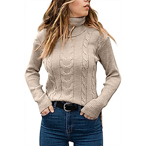 Womens Turtleneck Sweaters Long Sleeve Pullover Cable Knit Sweaters Soft Jumper Beige