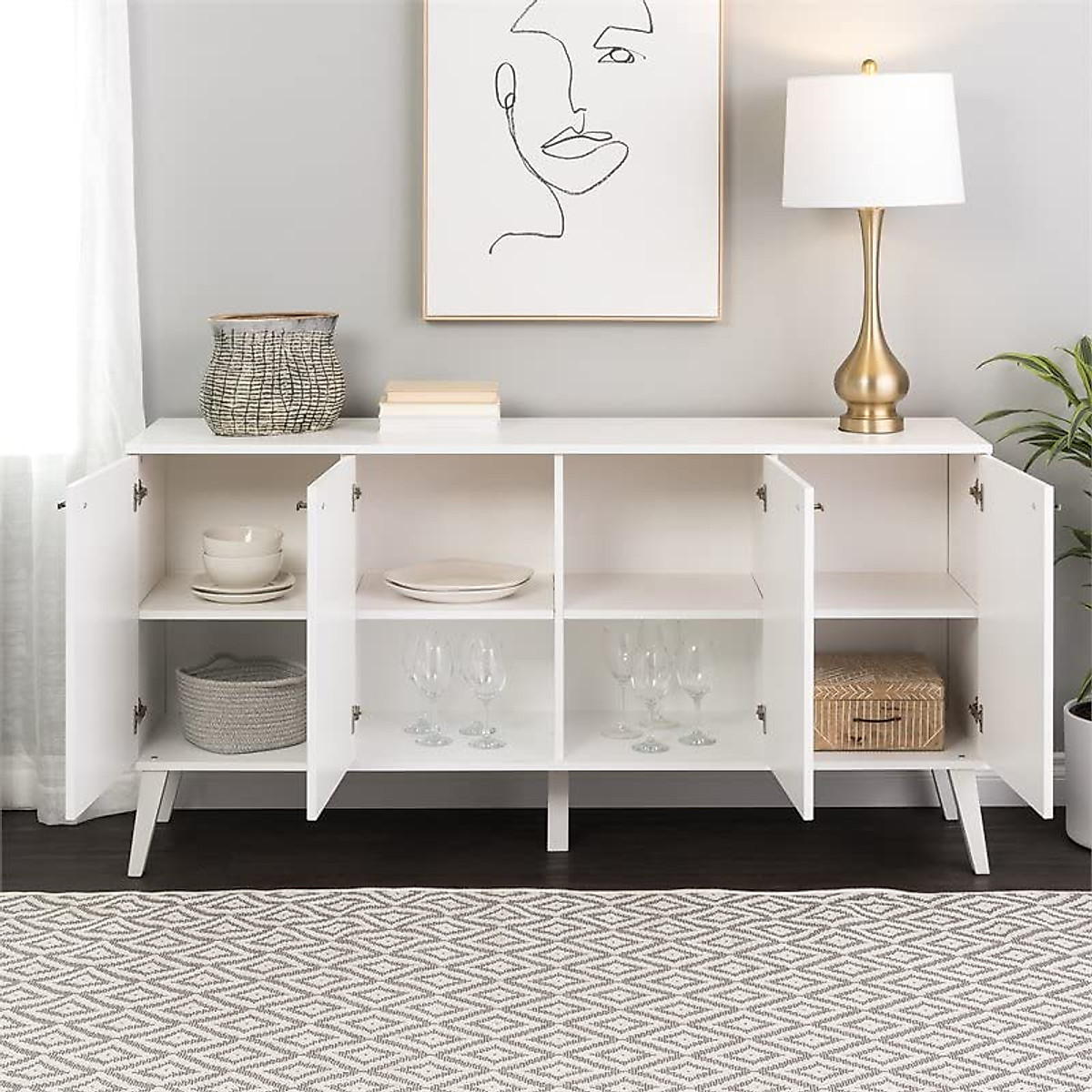 Prepac Milo Mid-Century 4 Door Buffet, 16" D x 64" W x 32" H, White