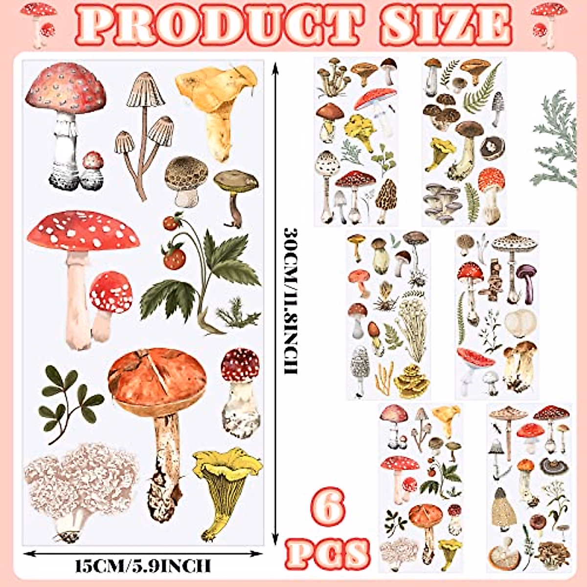 Geyoga 6 Pcs Vintage Mushrooms Rub on Transfers Mushroom Scrapbook Stickers Botanical Furniture Decals for DIY Arts Crafts Scrapbooking Diary Album Journals Nightstand Home Decor, 6 x 12 Inches