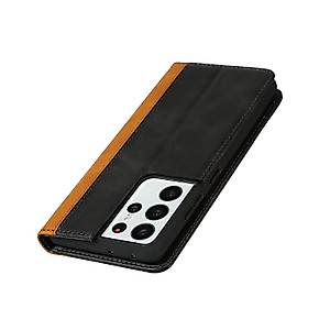 JWS-C Samsung Galaxy S21 Ultra Wallet Case with Card Holder Slots Luxury Flip Leather Cover for Samsung Galaxy S21 Ultra 6.8 inch-Black Yellow Samsung S21 UItra5G Samsung s21 Ultra