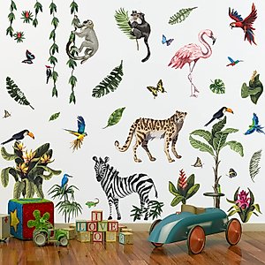 RW-4963 Creative Jungle Animals Wall Decals Wild Safari Animals Wall Stickers DIY Removable Green Tree Monkey Leopard Zebra Birds Butterfly Animals Plants Decor for Kids Bedroom Living Room Nursery