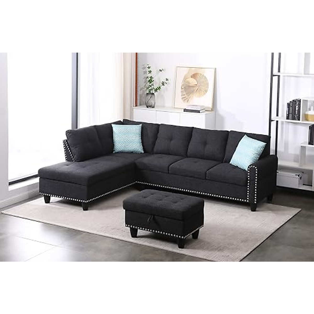 AYOUZ 98" L-Shape Linen Convertible Sectional Sofa Set with Left Facing Chaise & Ottoman, Modern Living Room Furniture-Set w/Storage for Home, Office, Apartment