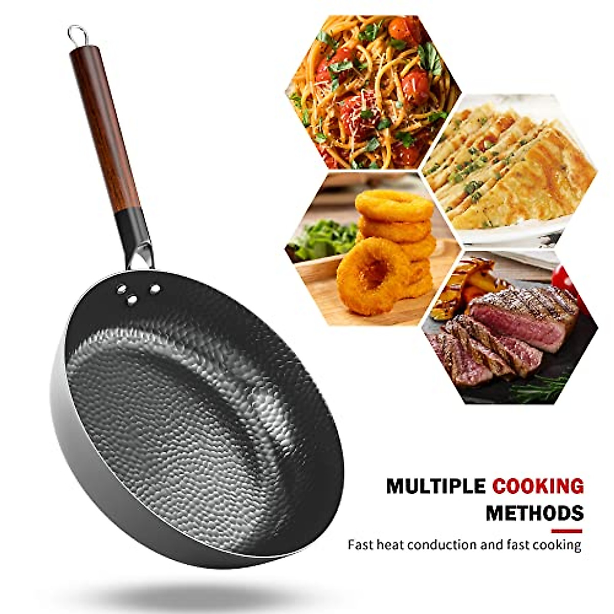 Iron Wok and Stir Fry Pans,11 inch Carbon Steel Pan Pure Hand Hammered Woks Uncoated Non-Stick Cast Iron Wok Chinese Wok Cookware Pan Kitchen Tools for Gas and Induction Cooker