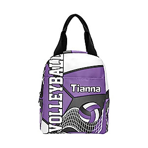 zaaprintblanket Custom Name Lunch Bag For Men Women Personalized Volleyball Purple White Cooler Lunch Box Portable with Name for Gift Workout Camping