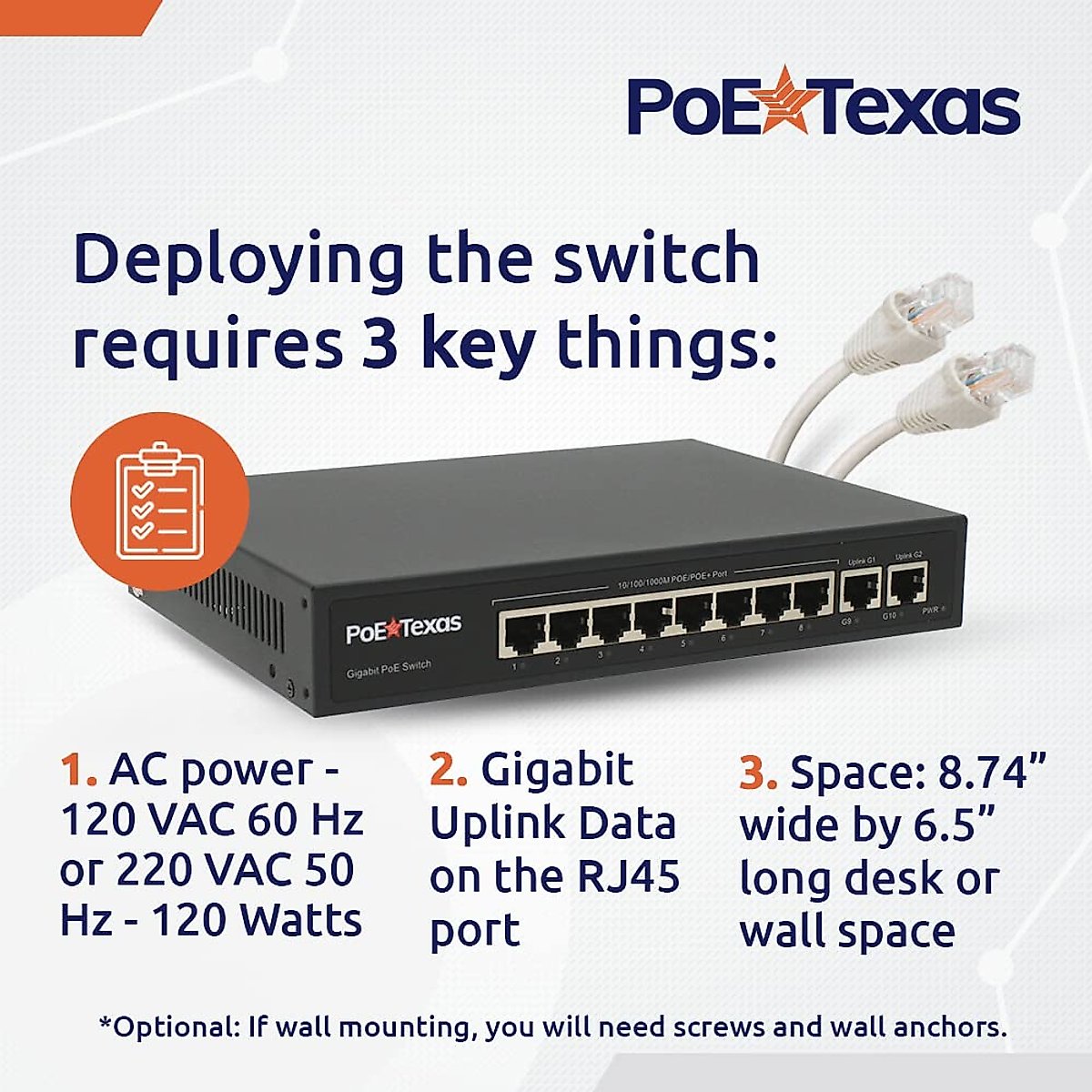 PoE Texas 8 Port PoE Switch - 802.3af/at Power Over Ethernet with 8 PoE+ Ports, 2 LAN Uplink, VLAN & Extender - 120W High Speed Unmanaged Wired Network Switch - Security Camera, Video & More