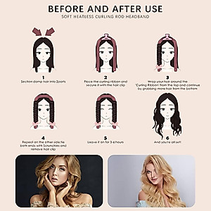 Gosuoa Women Heatless Curling Rod Rollers,No Heat Silk Curls Headband with Soft Foam, Curling Ribbon and Flexi Rods for Natural Long Medium Hair Diy Hair Styling Tools, Pink, 4 Piece Set