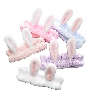 LOVEF 5Pcs Bunny Ear Cosmetic Headband Fashion Cute Fluffy Elastic Makeup Headband Hairband for Shower, Face Washing, Facial Mask, Spa, Cosplay, Party
