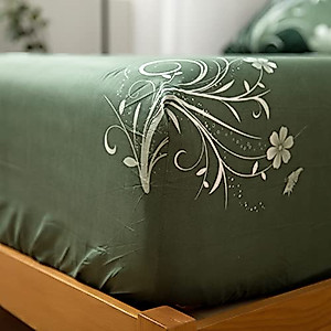 MUGINYU Botanical Comforter Set Queen Size,Dark Green with White Floral 7 Piece Bed in A Bag All Season Reversible Patchwork Bedding Set