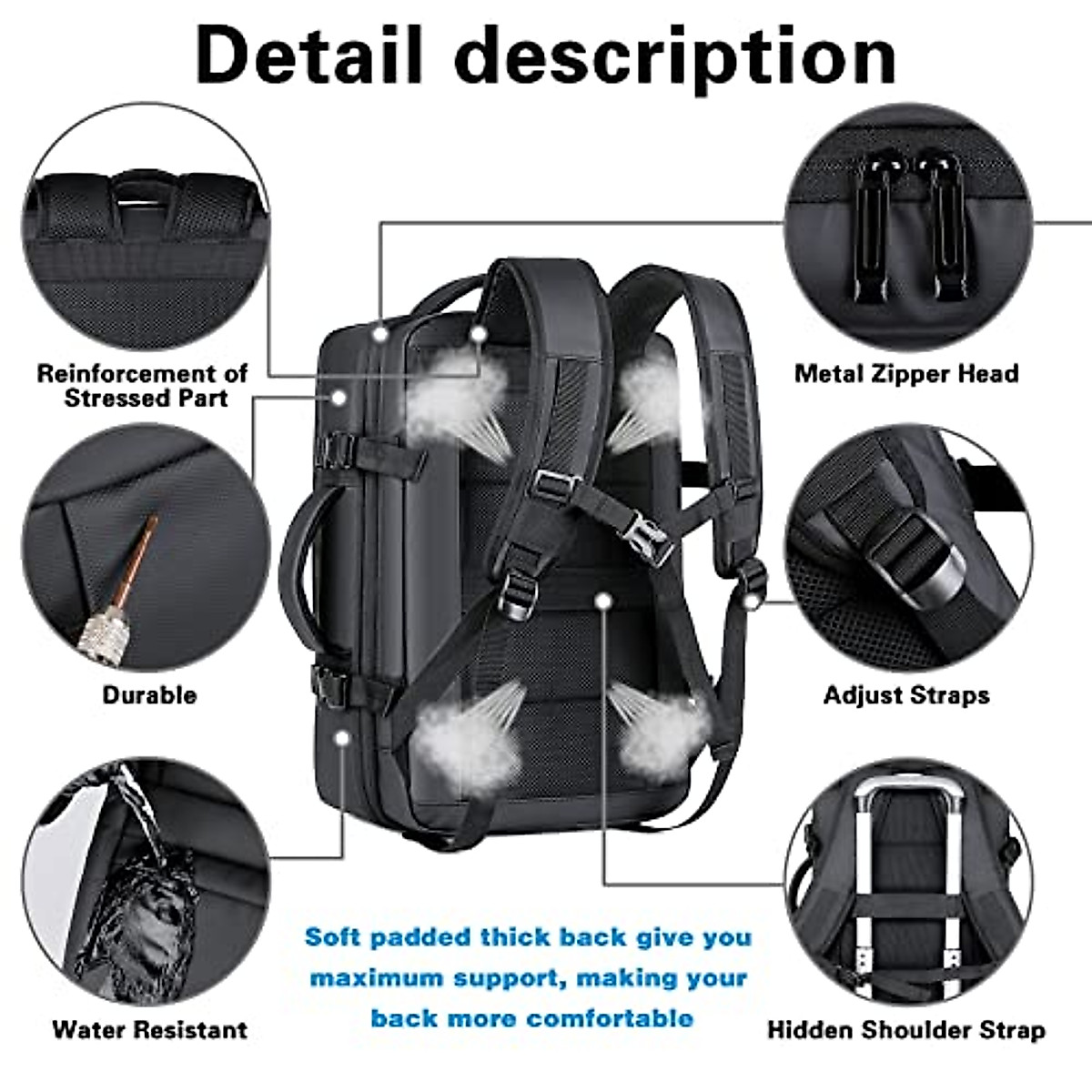 Travel Backpack, Extra Large Travel Backpack, Carry On Backpack, 40L Expandable Flight Approved Water Resistant Luggage Casual Daypack with USB Port Fits 17 Inch Laptop, Travel Gifts for Men, Black