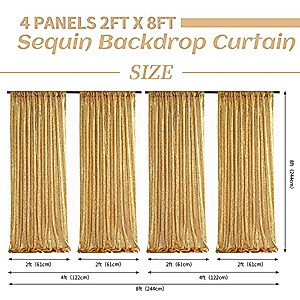 Sequin Backdrop Curtain 4 Panels 2ft x 8ft Wedding Ceremony Background Backdrop Glitter Shimmer Fabric Backdrop Drapes for Photography Props Wedding Arch Bridal Shower Home Decoration (Gold)