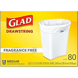 Glad Medium Drawstring Trash Bags, 8 Gallon, White, Fragrance Free, 80 Count, Pack May Vary
