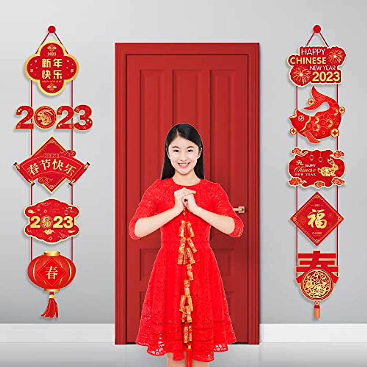 Happy Chinese New Year 2023 Party Decorations Porch Sign, 2023 Chinese New Year Banner Chinese Party Decoration Porch Sign Year of the Rabbit Welcome Sign Spring Festival Hanging Banner Decorations
