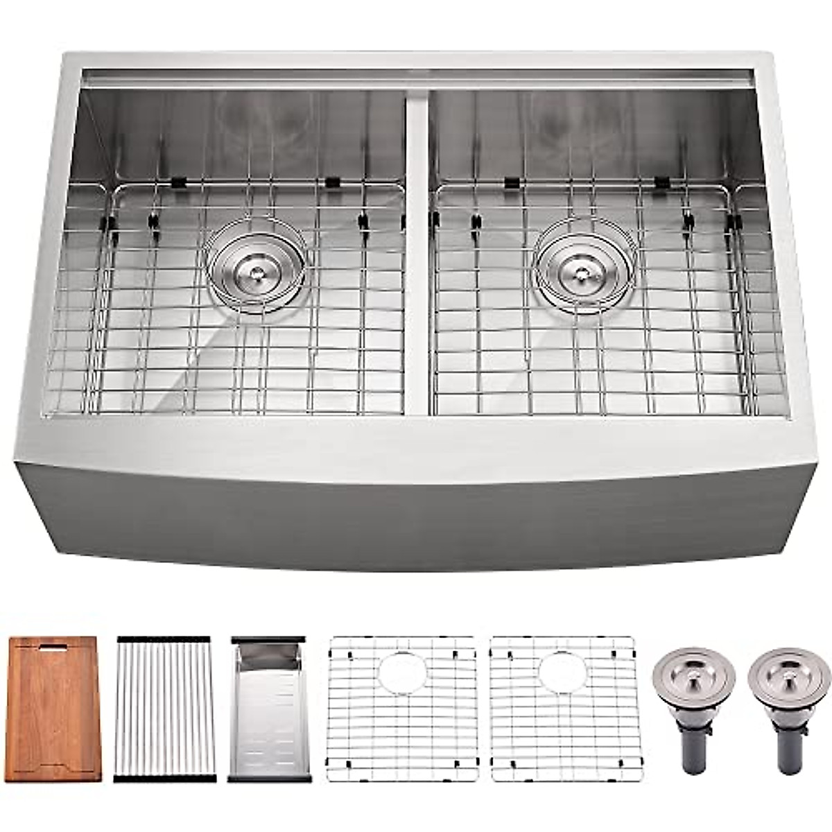 33 Inch Double Bowl Farmhouse Sink Workstation-Bokaiya 33x22 Stainless Steel Double Bowl Kitchen Sink Apron Front Sink 16 Gauge Deep 50/50 Low Divide Farm Sink with Cutting Board