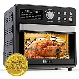 Silonn Air Fryer Oven 16QT 21-in-1 Smart Air Fryer Toaster Oven Combo Digital Countertop Natural Convection Roast Bake Dehydrate and Reheat 1600W Stainless Steel, Black, 17.3"L x 14.76"W x 16.34"H