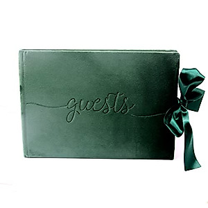 Rosh Pinnah Luxury Velvet Guest Book (96 Pages) - Sign-in Registry Guestbook & Keepsake & Polaroids Album Book – Velvet Hard Cover with Satin Ribbon - 7” x 10" (Green)