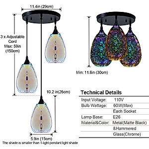 Pendant Lights for Kitchen Island, Glass Modern Hanging Ceiling Light Fixtures Dining Table Bathroom Bedroom Sink Bar, 3-Light Pendant Kitchen Lighting with Colored Shade 6 inch Diam