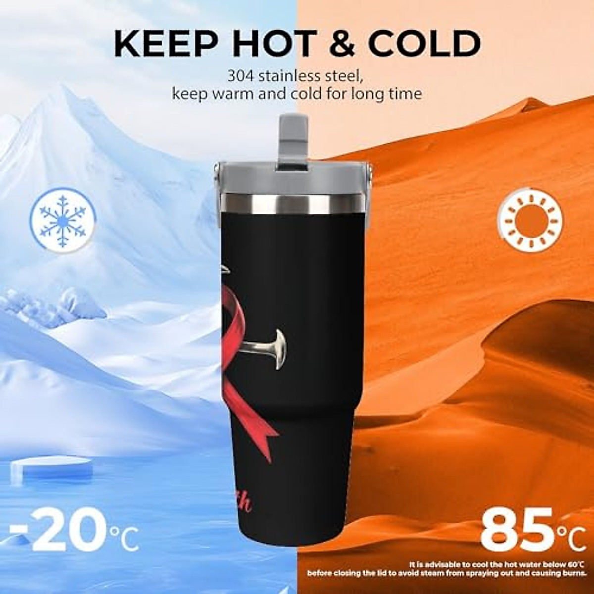 Faith Cross with Red Ribbon And Nails 30 OZ Insulated Tumblers with Handle And Straw Leakproof Vacuum Insulated Stainless Steel Water Bottle for Car Fishing Travel