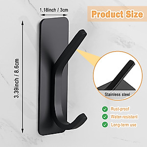 FANTEXY 3 Packs Adhesive Hooks, Towel Hooks Wall Hooks Self Sticking, Black Adhesive Coat Hooks Heavy Duty Stainless Steel, Bathroom Bedroom Kitchen Wall Towel Hooks for Hanging Robe Clothes Purse Hat