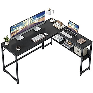 CubiCubi L Shaped Desk, 55.1 inch Corner Computer Desk with Storage Shelves, Study Writing Table Workstation with Open Shelves for Home Office, Black