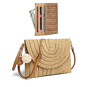 YIKOEE Straw Bag and Card Holder Set for Women Summer Beach Purse Woven Bag With PomPom