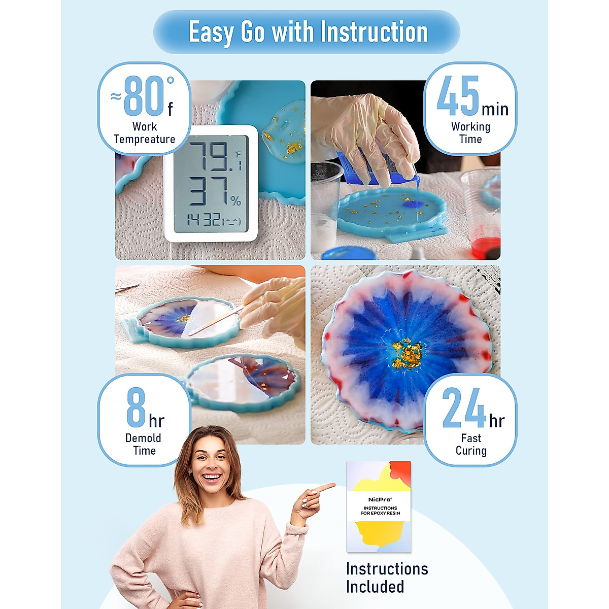 Nicpro 2 Gallon Crystal Clear Epoxy Resin Kit, High Gloss & Bubbles Free Art Resin Supplies for Coating and Casting, Craft DIY, Wood, Table Top, Bar Top, Molds, River Tables with Cups, Sticks, Gloves