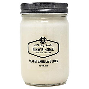Nika's Home Vanilla Sugar Soy Candle 12oz Mason Jar Non-Toxic White Soy Handmade, Long Burning 50-60 Hours Highly Scented All Natural, Clean Burning Large Candle Gift Décor