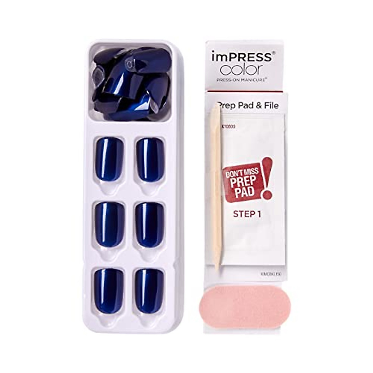 KISS imPRESS Color Press-On Nails, Nail Kit, PureFit Technology, Short Length, “Never Too Navy”, Polish-Free Solid Color Manicure, Includes Prep Pad, Mini Nail File, Cuticle Stick, and 30 Fake Nails