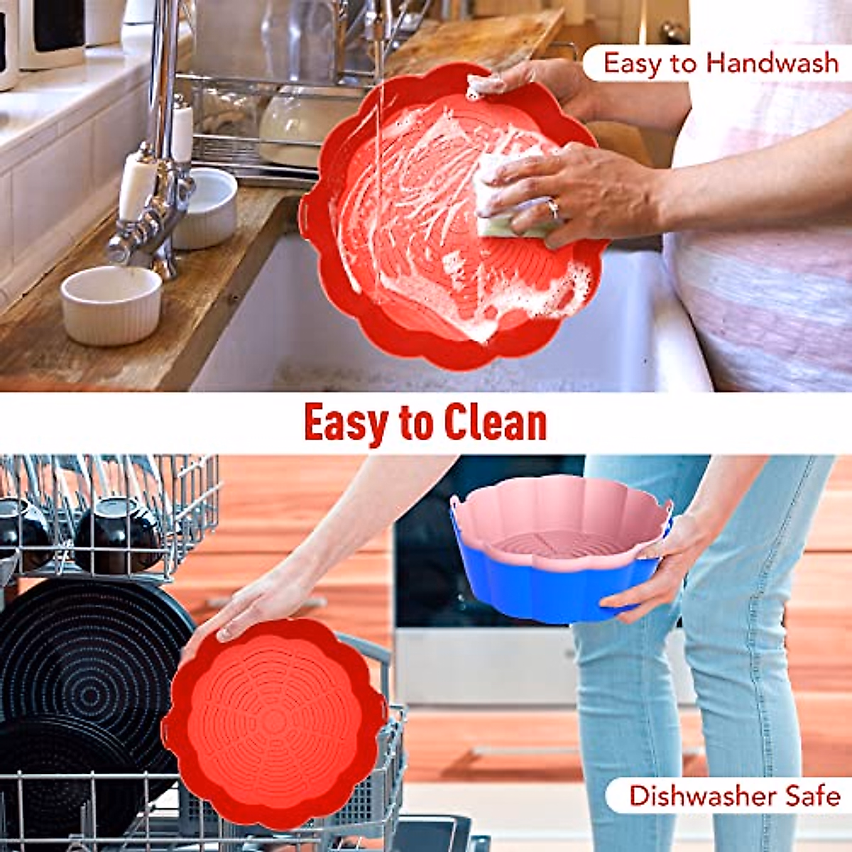 3-Pack Air Fryer Liners Silicone, 8.5 inch Reusable Air Fryer Basket, For 3.5 to 8.5QT Food Grade Air Fryer Accessories, Replacement of Parchment Liners, No Need to Clean the Air Fryer(Red+Bule+Pink)