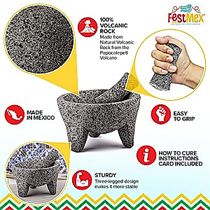 Genuine Handmade Mexican Mortar and Pestle, Molcajete de Piedra Natural Volcanica Stone, Heavy & Durable, Perfect for Homemade Salsas, Guacamole, and other Molcajete Plates | Made in Mexico (8 Inches)