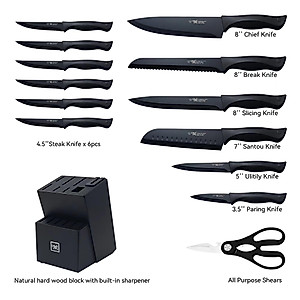 HUNTER Knife Set, Dishwasher Safe Kitchen Knife Set with Block, 24 Pcs Black Kitchen Knife Sets with Block Self Sharpening, 6 Steak Knives, Black