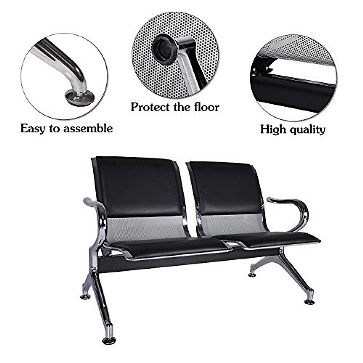 Kinsuite 2-Seat Waiting Room Reception Chair with Arms Office Guest Chairs & Reception Chairs PU Leather for Airport Office Bank Hospital Seat Bench