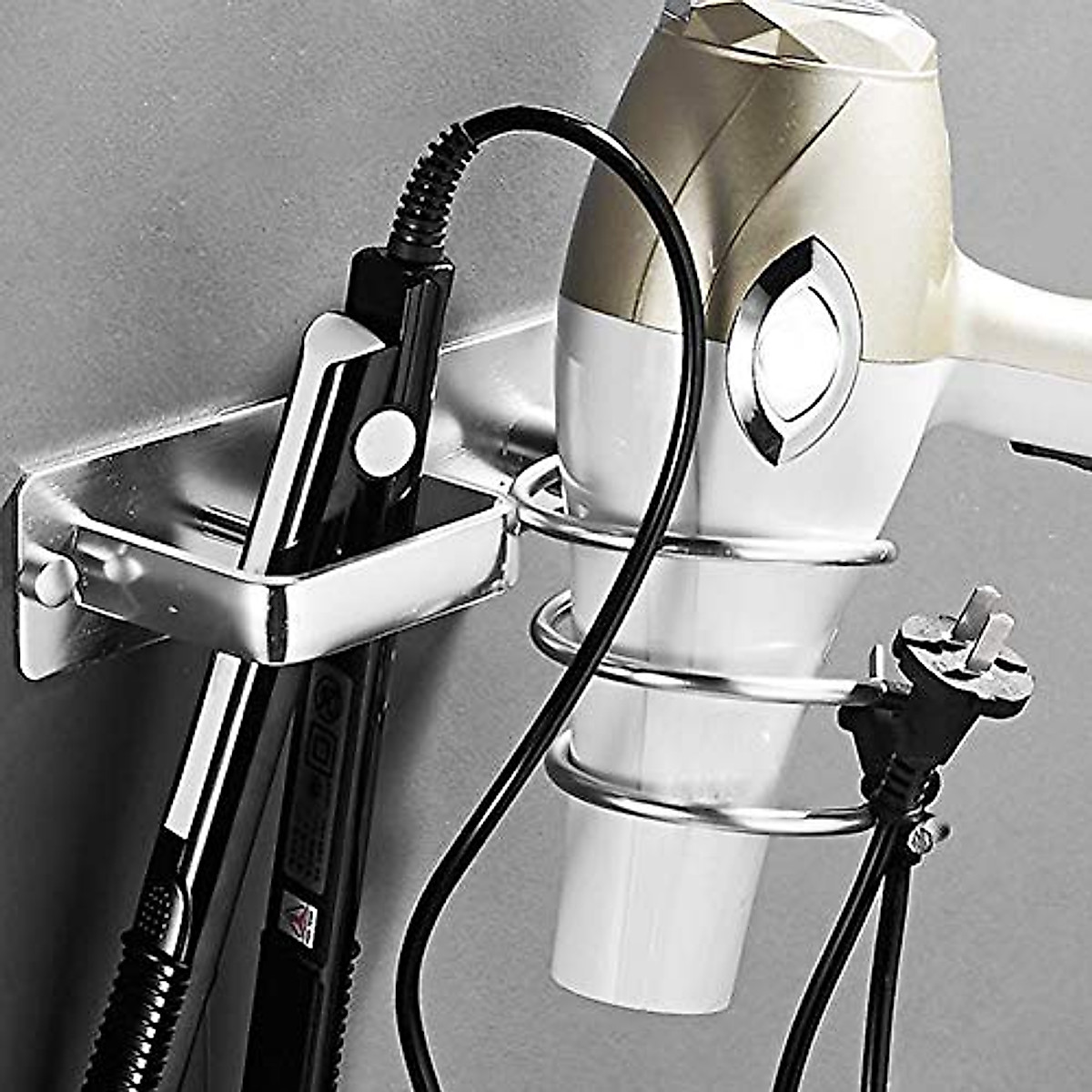 Mumusuki Aluminum Wall Mounted Punch Shelf Hair Dryer Storage Rack Organizer Holder Stand for Bathroom Silver